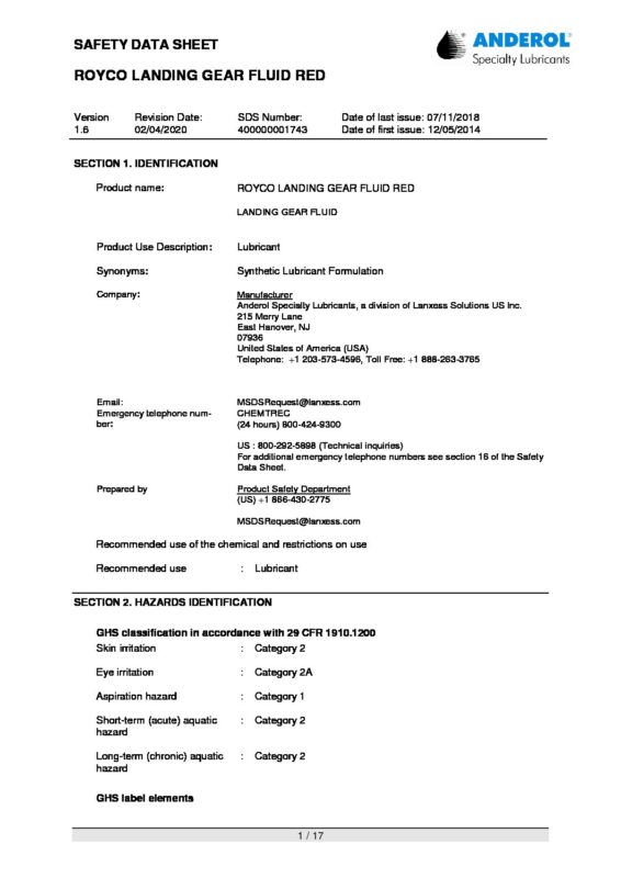 ROYCO LGF RED SDS – Chemical.net