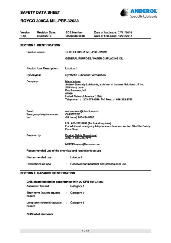 ROYCO308CAmsds - Chemical.net